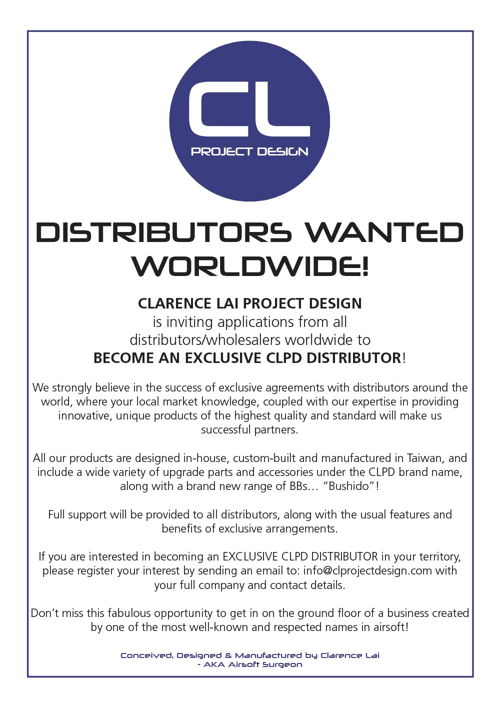 CLPD DISTRIBUTORS WANTED WORLDWIDE! – CL Project Design